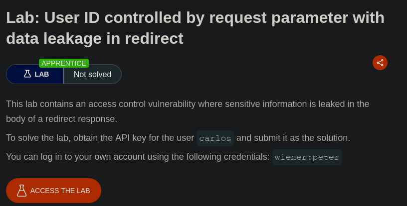 Lab - User ID controlled by request parameter with data leakage in redirect